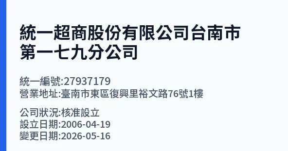 統一超商股份有限公司台南市第一七九分公司的照片-統編 27937179(臺南市) 公司登記資料與營業項目詳細圖表