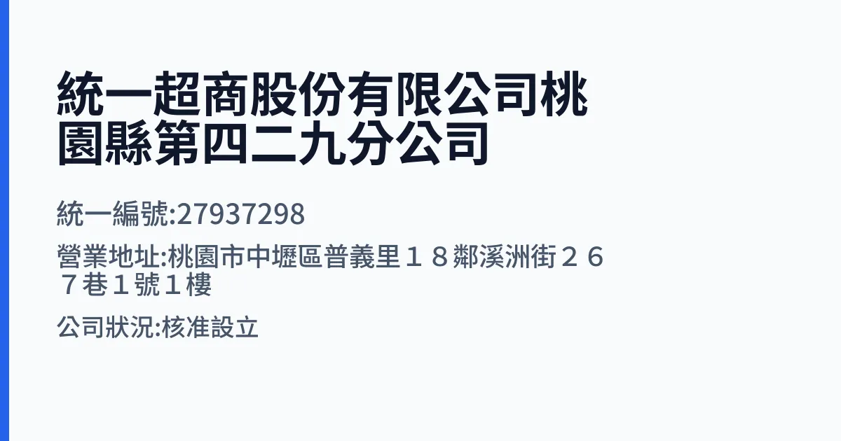 統一超商股份有限公司桃園縣第四二九分公司 - 統編 27937298(桃園市) 公司登記資料與營業項目詳細圖表