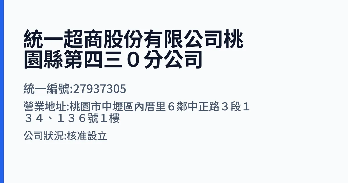 統一超商股份有限公司桃園縣第四三0分公司 - 統編 27937305(桃園市) 公司登記資料與營業項目詳細圖表