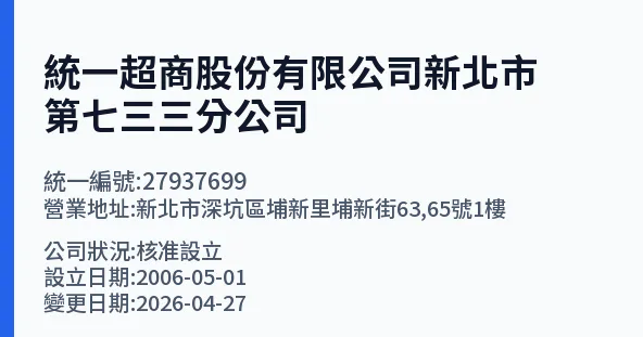統一超商股份有限公司新北市第七三三分公司的照片-統編 27937699(新北市) 公司登記資料與營業項目詳細圖表