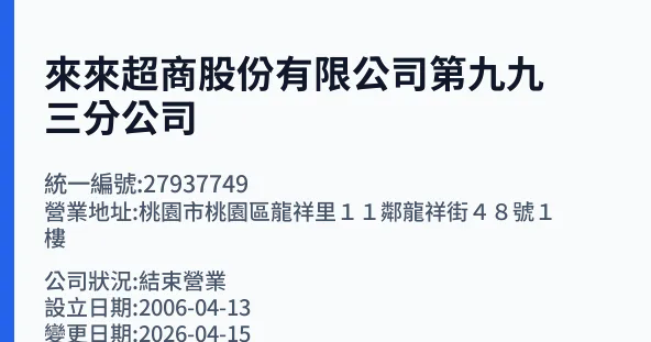 來來超商股份有限公司第九九三分公司的照片-統編 27937749(桃園市) 公司登記資料與營業項目詳細圖表