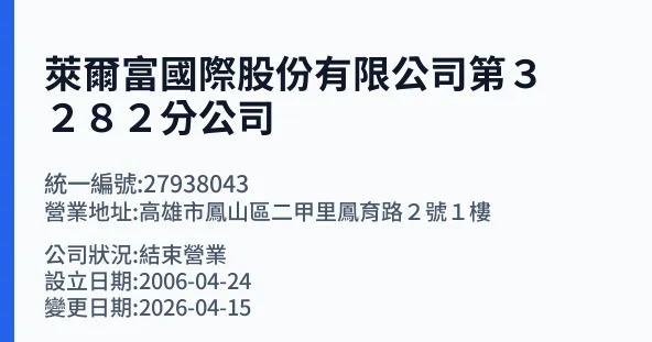 萊爾富國際股份有限公司第３２８２分公司的照片-統編 27938043(高雄市) 公司登記資料與營業項目詳細圖表