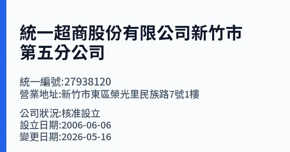 統一超商股份有限公司新竹市第五分公司的照片-統編 27938120(新竹市) 公司登記資料與營業項目詳細圖表