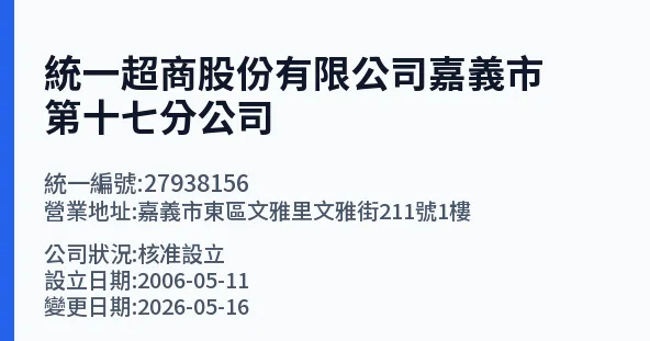 統一超商股份有限公司嘉義市第十七分公司的照片-統編 27938156(嘉義市) 公司登記資料與營業項目詳細圖表
