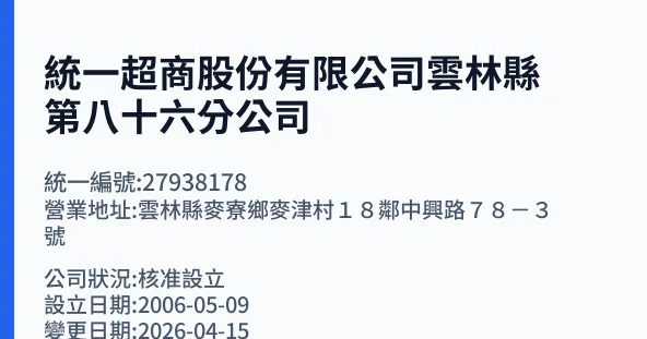 統一超商股份有限公司雲林縣第八十六分公司 - 統編 27938178(雲林縣) 公司登記資料與營業項目詳細圖表