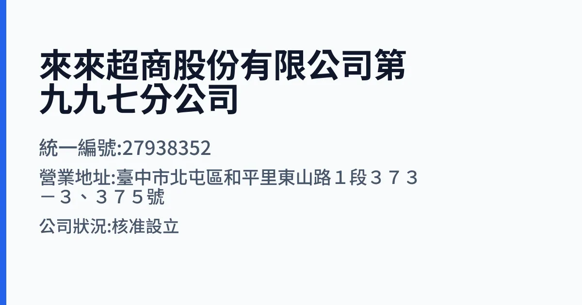來來超商股份有限公司第九九七分公司 - 統編 27938352(臺中市) 公司登記資料與營業項目詳細圖表