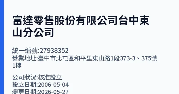 富達零售股份有限公司台中東山分公司的照片-統編 27938352(臺中市) 公司登記資料與營業項目詳細圖表
