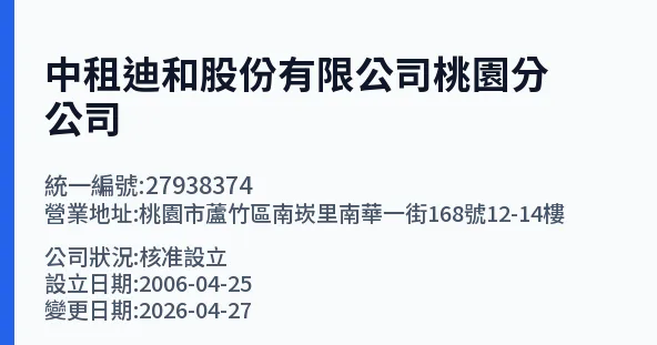 中租迪和股份有限公司桃園分公司的照片-統編 27938374(桃園市) 公司登記資料與營業項目詳細圖表