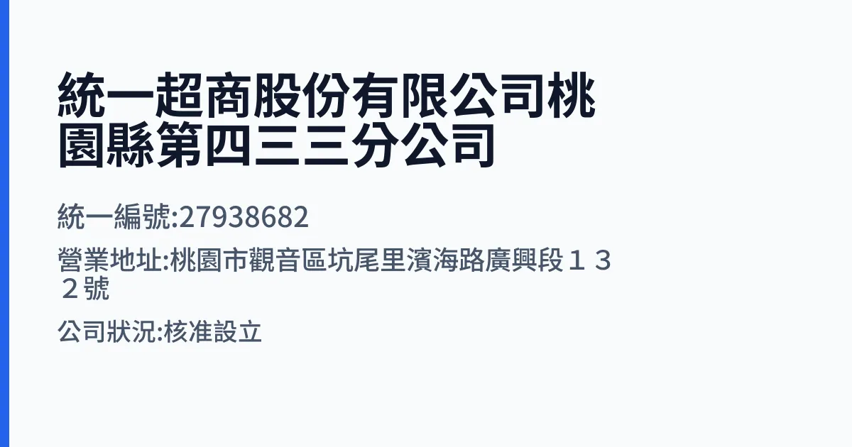 統一超商股份有限公司桃園縣第四三三分公司 - 統編 27938682(桃園市) 公司登記資料與營業項目詳細圖表
