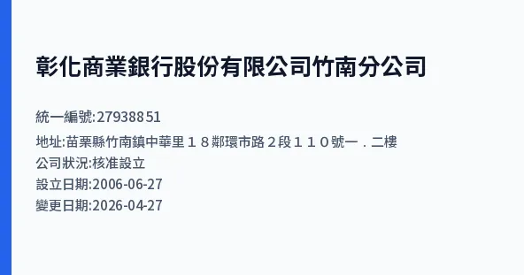 彰化商業銀行股份有限公司竹南分公司的照片-統編 27938851(苗栗縣) 公司登記資料與營業項目詳細圖表