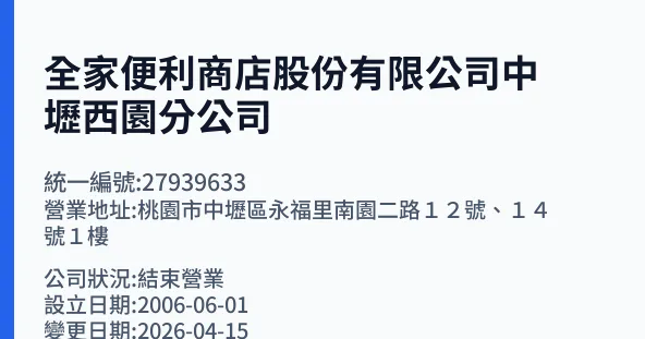 全家便利商店股份有限公司中壢西園分公司的照片-統編 27939633(桃園市) 公司登記資料與營業項目詳細圖表