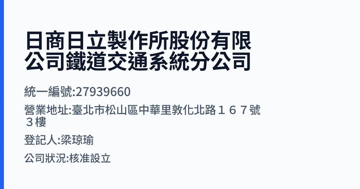 日商日立製作所股份有限公司鐵道交通系統分公司 - 統編 27939660(臺北市) 公司登記資料與營業項目詳細圖表