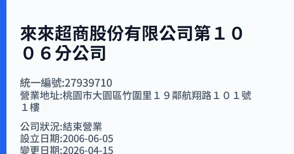 來來超商股份有限公司第１００６分公司的照片-統編 27939710(桃園市) 公司登記資料與營業項目詳細圖表