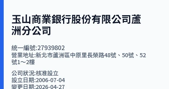 玉山商業銀行股份有限公司蘆洲分公司的照片-統編 27939802(新北市) 公司登記資料與營業項目詳細圖表