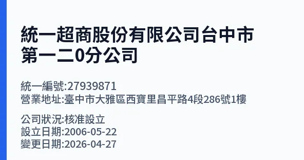 統一超商股份有限公司台中市第一二0分公司的照片-統編 27939871(臺中市) 公司登記資料與營業項目詳細圖表