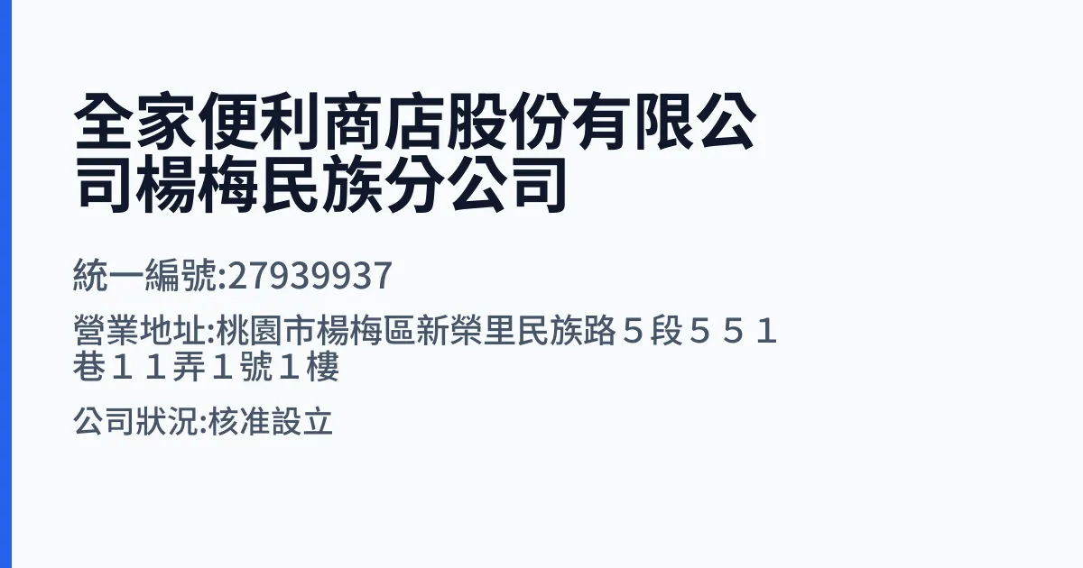 全家便利商店股份有限公司楊梅民族分公司 - 統編 27939937(桃園市) 公司登記資料與營業項目詳細圖表