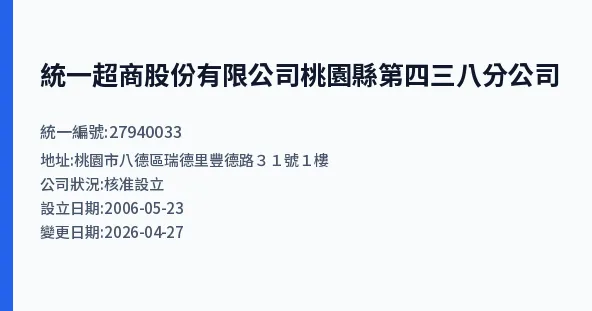 統一超商股份有限公司桃園縣第四三八分公司的照片-統編 27940033(桃園市) 公司登記資料與營業項目詳細圖表