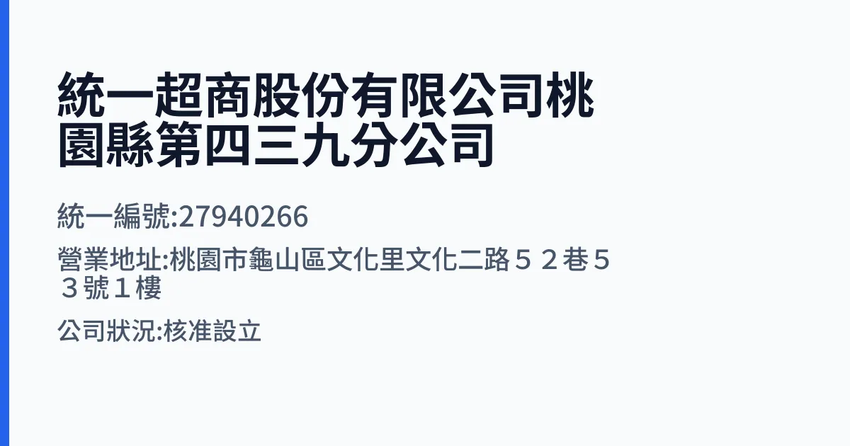統一超商股份有限公司桃園縣第四三九分公司 - 統編 27940266(桃園市) 公司登記資料與營業項目詳細圖表
