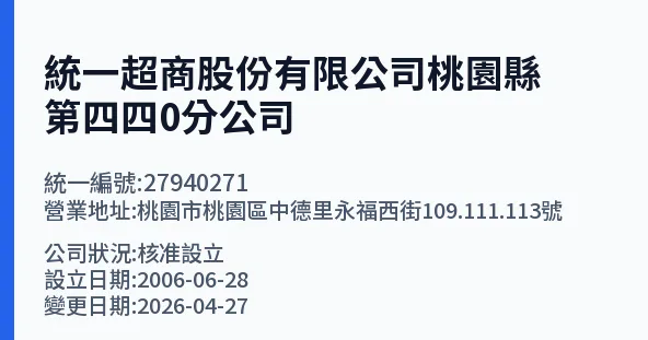 統一超商股份有限公司桃園縣第四四0分公司的照片-統編 27940271(桃園市) 公司登記資料與營業項目詳細圖表