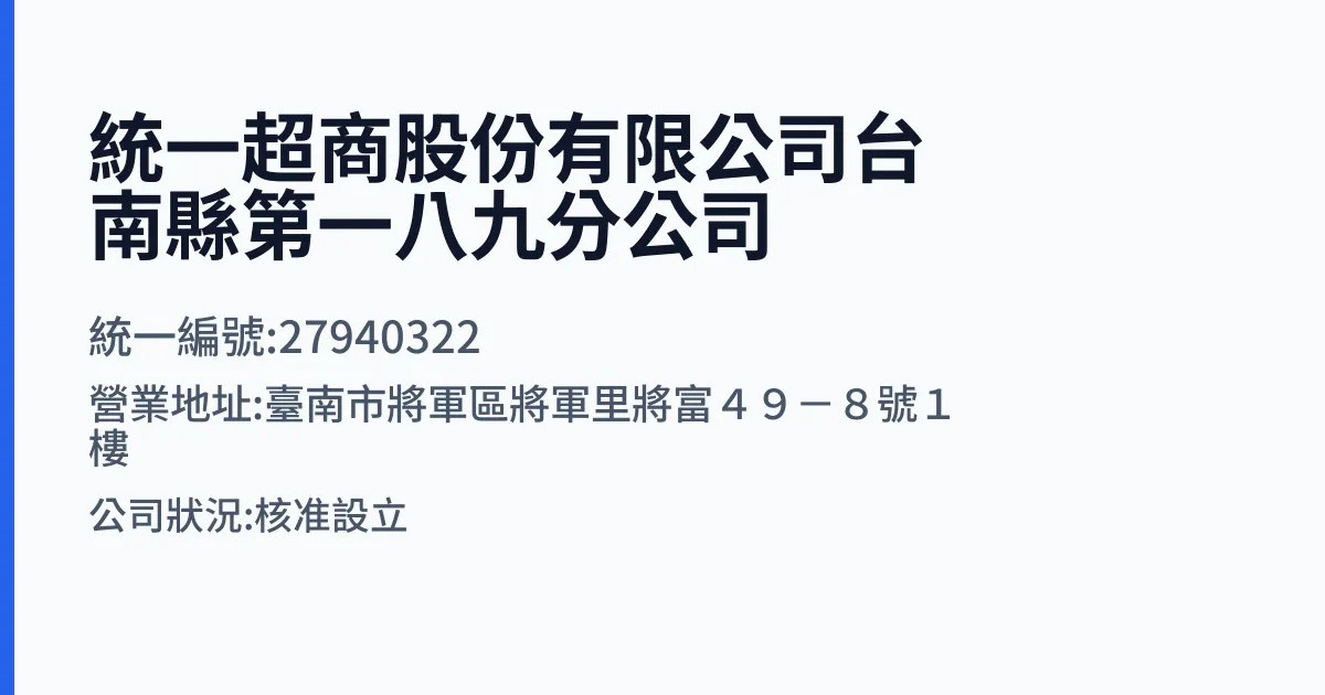 統一超商股份有限公司台南縣第一八九分公司 - 統編 27940322(臺南市) 公司登記資料與營業項目詳細圖表