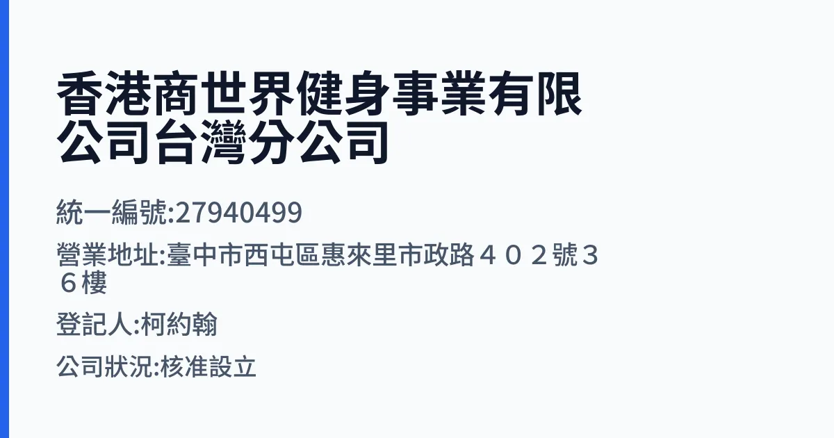 香港商世界健身事業有限公司台灣分公司 - 統編 27940499（臺中市） 公司登記資料與營業項目詳細圖表
