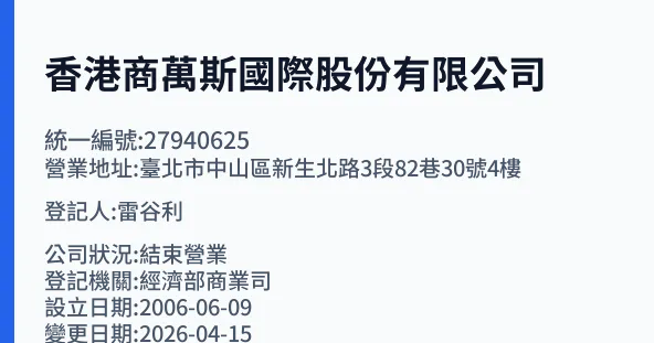 香港商萬斯國際股份有限公司的照片-統編 27940625(臺北市) 公司登記資料與營業項目詳細圖表
