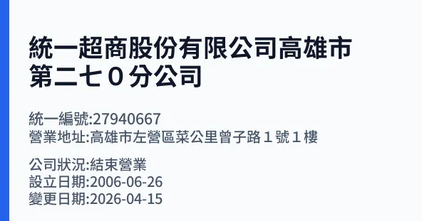 統一超商股份有限公司高雄市第二七０分公司的照片-統編 27940667(高雄市) 公司登記資料與營業項目詳細圖表