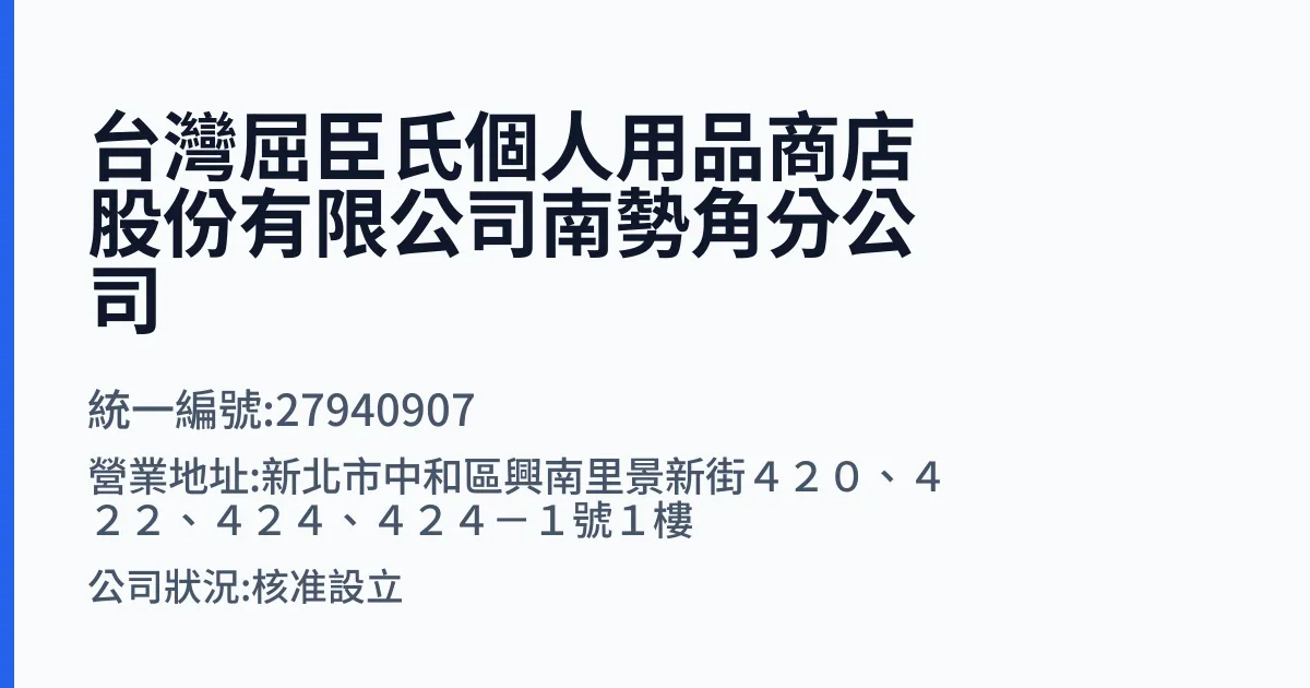 台灣屈臣氏個人用品商店股份有限公司南勢角分公司 - 統編 27940907(新北市) 公司登記資料與營業項目詳細圖表