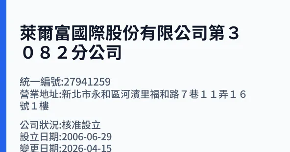 萊爾富國際股份有限公司第３０８２分公司的照片-統編 27941259(新北市) 公司登記資料與營業項目詳細圖表