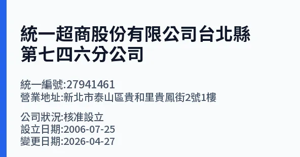 統一超商股份有限公司台北縣第七四六分公司的照片-統編 27941461(新北市) 公司登記資料與營業項目詳細圖表