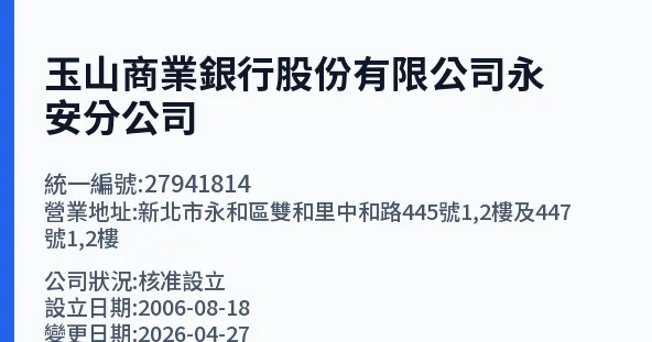 玉山商業銀行股份有限公司永安分公司的照片-統編 27941814(新北市) 公司登記資料與營業項目詳細圖表