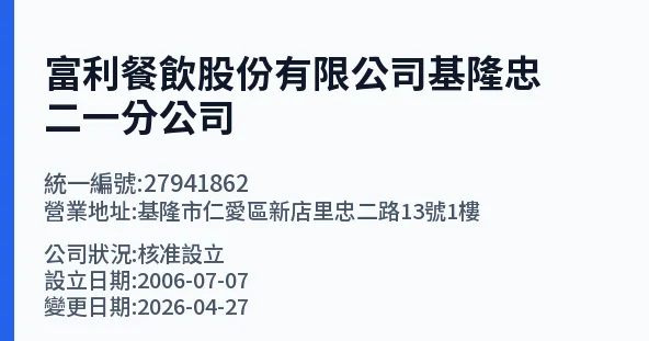 富利餐飲股份有限公司基隆忠二一分公司的照片-統編 27941862(基隆市) 公司登記資料與營業項目詳細圖表