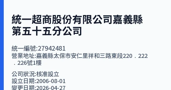 統一超商股份有限公司嘉義縣第五十五分公司的照片-統編 27942481(嘉義縣) 公司登記資料與營業項目詳細圖表