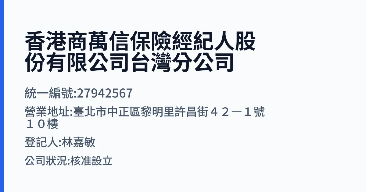 香港商萬信保險經紀人股份有限公司台灣分公司 - 統編 27942567(臺北市) 公司登記資料與營業項目詳細圖表
