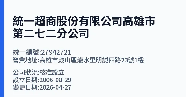 統一超商股份有限公司高雄市第二七二分公司的照片-統編 27942721(高雄市) 公司登記資料與營業項目詳細圖表
