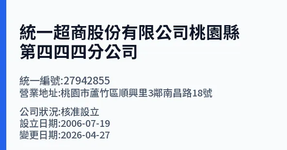統一超商股份有限公司桃園縣第四四四分公司的照片-統編 27942855(桃園市) 公司登記資料與營業項目詳細圖表