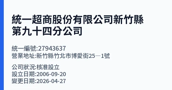 統一超商股份有限公司新竹縣第九十四分公司的照片-統編 27943637(新竹縣) 公司登記資料與營業項目詳細圖表