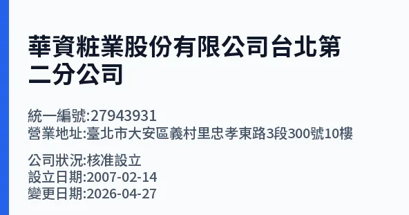 華資粧業股份有限公司台北第二分公司的照片-統編 27943931(臺北市) 公司登記資料與營業項目詳細圖表