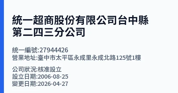 統一超商股份有限公司台中縣第二四三分公司的照片-統編 27944426(臺中市) 公司登記資料與營業項目詳細圖表