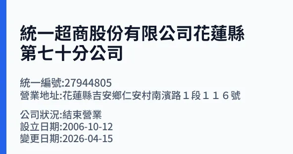 統一超商股份有限公司花蓮縣第七十分公司的照片-統編 27944805(花蓮縣) 公司登記資料與營業項目詳細圖表