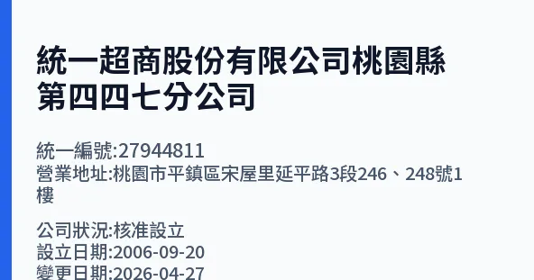 統一超商股份有限公司桃園縣第四四七分公司的照片-統編 27944811(桃園市) 公司登記資料與營業項目詳細圖表