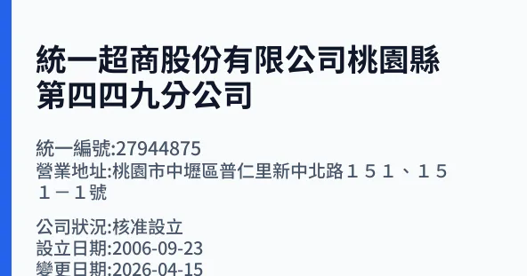 統一超商股份有限公司桃園縣第四四九分公司 - 統編 27944875(桃園市) 公司登記資料與營業項目詳細圖表