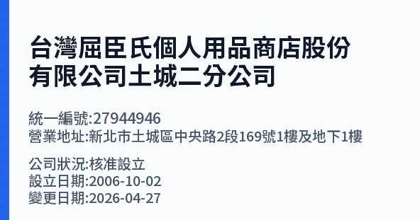 台灣屈臣氏個人用品商店股份有限公司土城二分公司的照片-統編 27944946(新北市) 公司登記資料與營業項目詳細圖表
