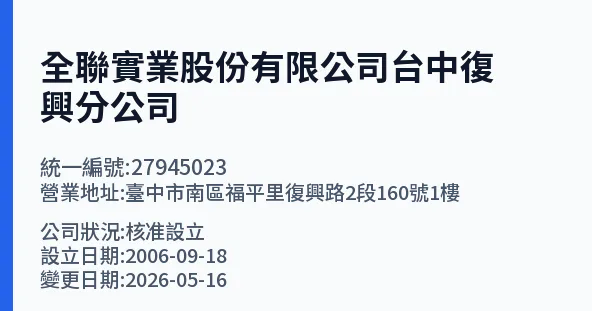 全聯實業股份有限公司台中復興分公司的照片-統編 27945023(臺中市) 公司登記資料與營業項目詳細圖表