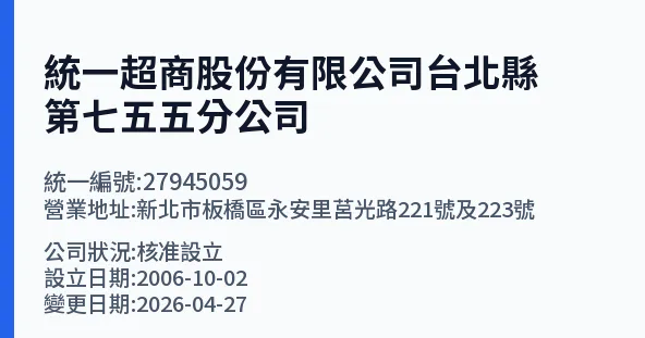 統一超商股份有限公司台北縣第七五五分公司的照片-統編 27945059(新北市) 公司登記資料與營業項目詳細圖表