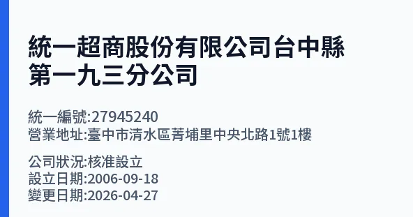 統一超商股份有限公司台中縣第一九三分公司的照片-統編 27945240(臺中市) 公司登記資料與營業項目詳細圖表