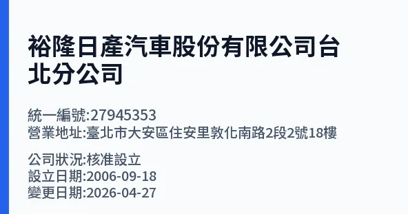 裕隆日產汽車股份有限公司台北分公司的照片-統編 27945353(臺北市) 公司登記資料與營業項目詳細圖表
