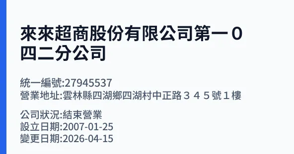 來來超商股份有限公司第一０四二分公司的照片-統編 27945537(雲林縣) 公司登記資料與營業項目詳細圖表
