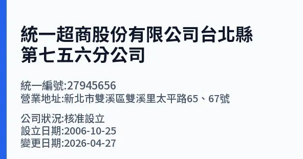 統一超商股份有限公司台北縣第七五六分公司的照片-統編 27945656(新北市) 公司登記資料與營業項目詳細圖表