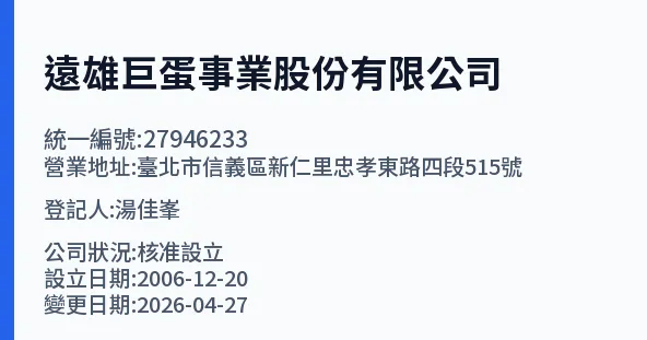 遠雄巨蛋事業股份有限公司的照片-統編 27946233(臺北市) 公司登記資料與營業項目詳細圖表